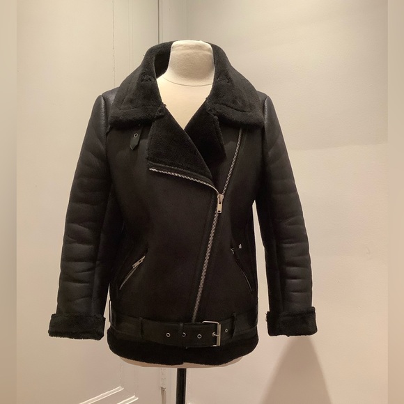 Zara | Jackets & Coats | Zara Black Faux Leather Shearling Jacket ...